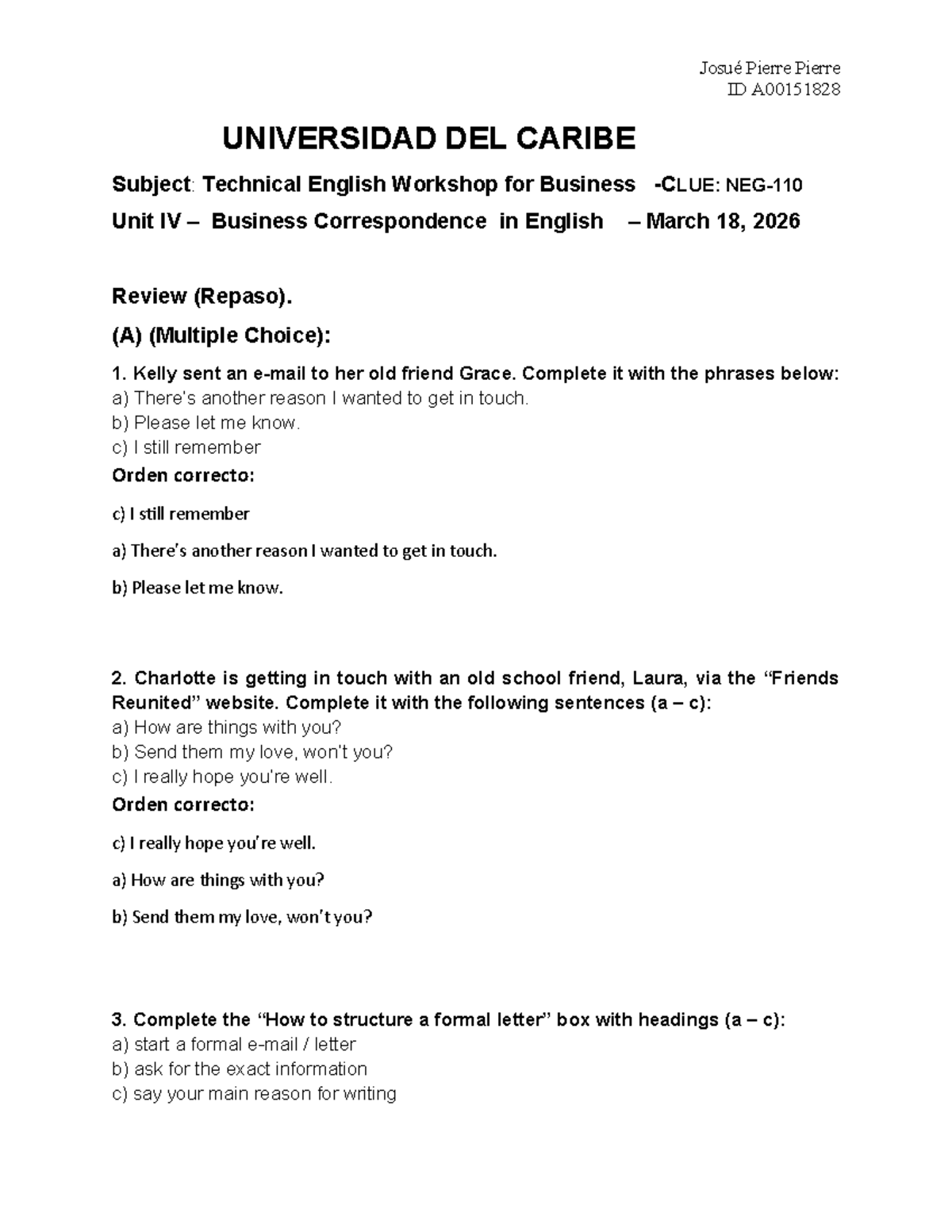 Technical English Workshop for Business Unit IV Review (Repaso) - Studocu