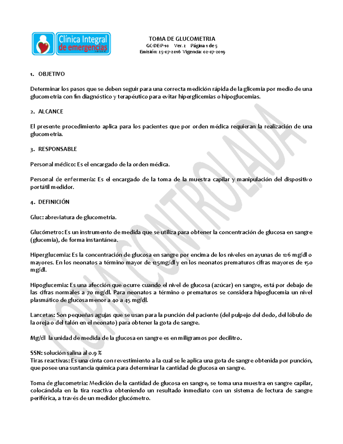 GC-DE-P-10 TOMA DE Glucometria - GC-DE-P-10 Ver. 2 Página 1 de 5 ...