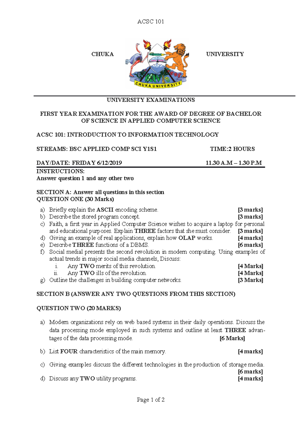 ACSC 101 Exam - practice question in the introductory units of applied ...