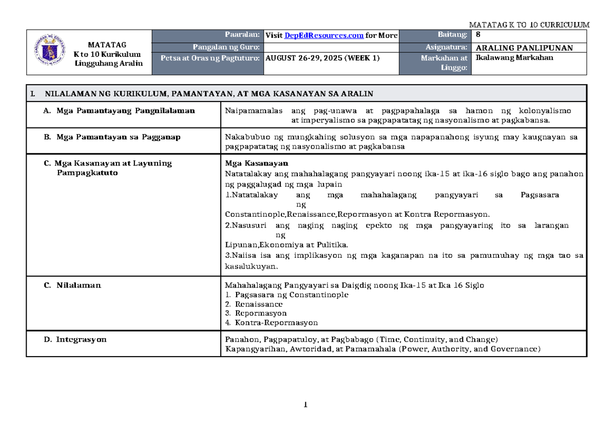 DLL Matatag AP 8 Q2 W1 - Lesson Plan on Historical Events - Studocu