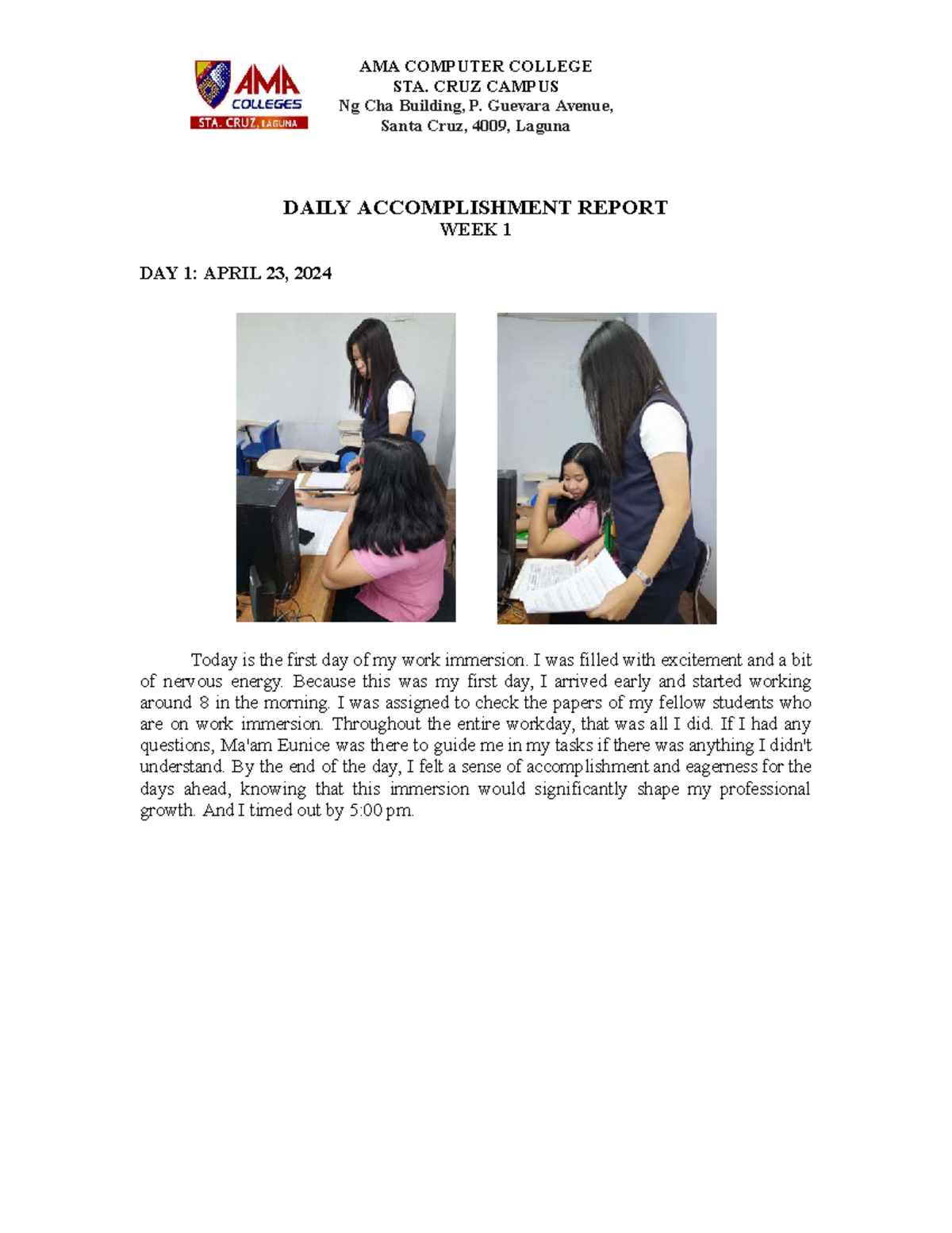 AMA COMPUTER COLLEGE STA. CRUZ CAMPUS Work Immersion Daily ...