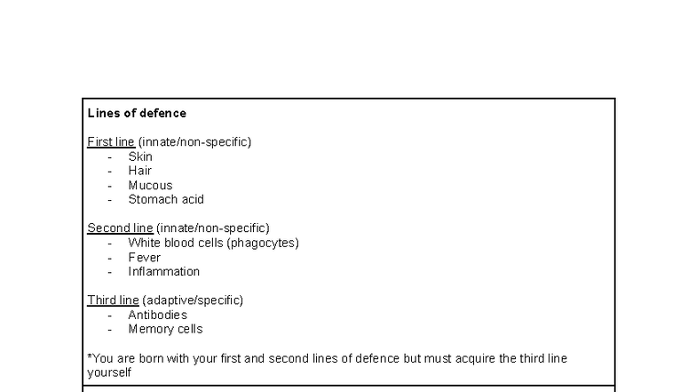 Biology Summary: First & Second Lines of Defence and Immunity - Studocu