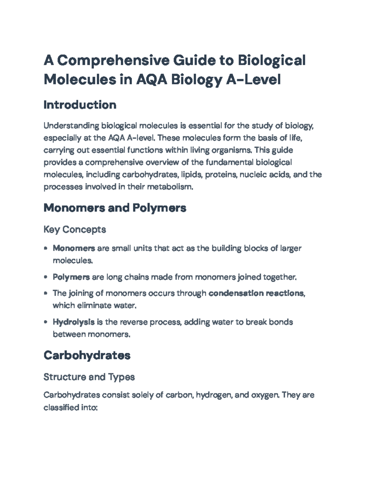 Comprehensive Guide to Biological Molecules for AQA A-Level Biology - A ...