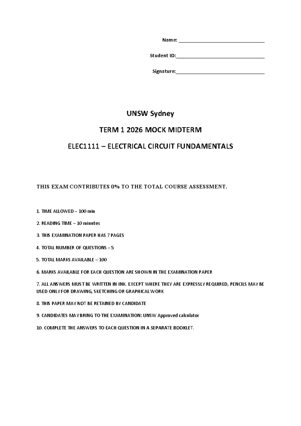 ELEC1111 - Mock Midterm Exam 2026: Electrical Circuit Fundamentals ...