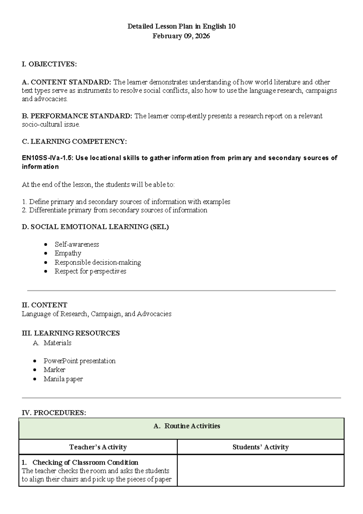 Detailed Lesson Plan: Understanding Primary & Secondary Sources (EN10 ...