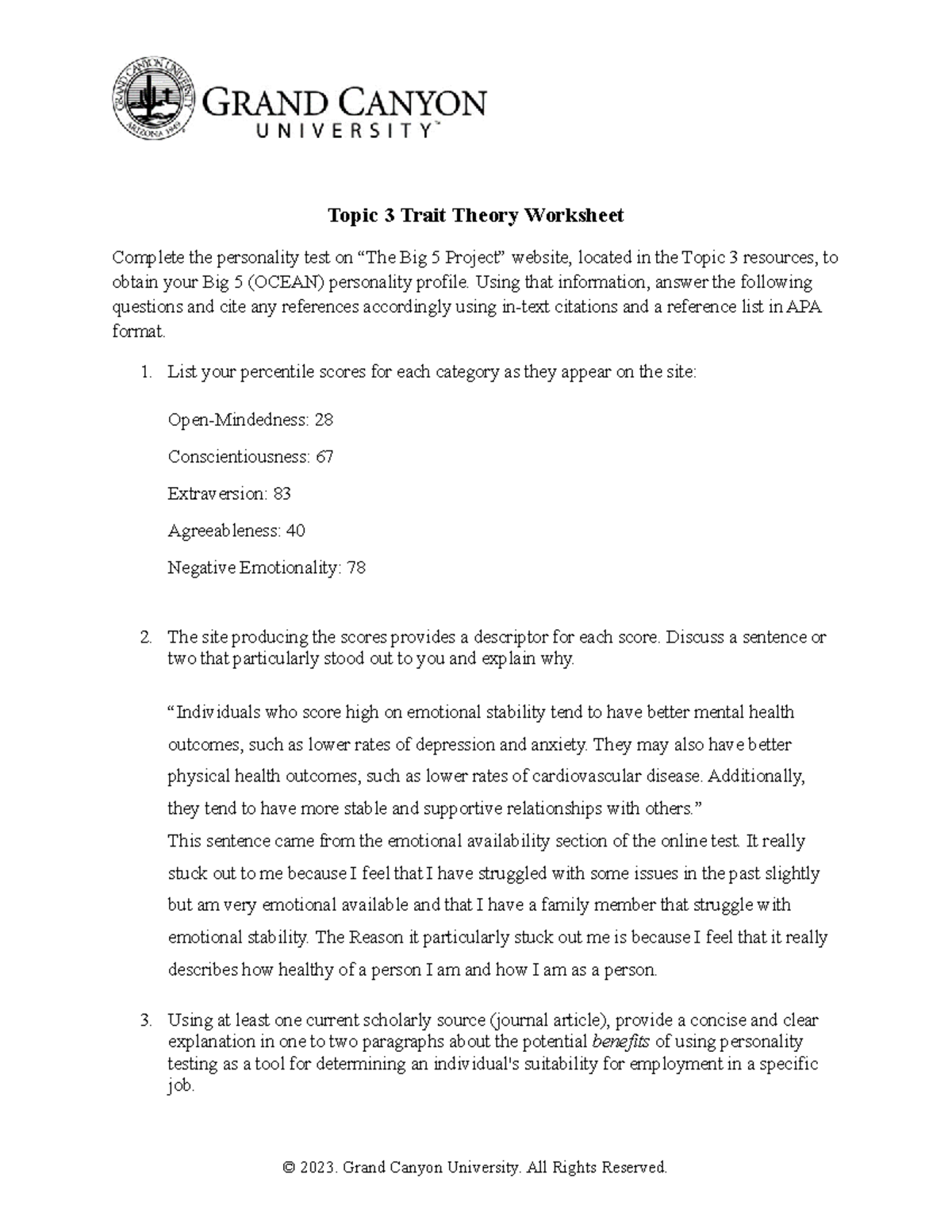 Trait Theory Worksheet - Big 5 Personality Assessment & Analysis - Studocu