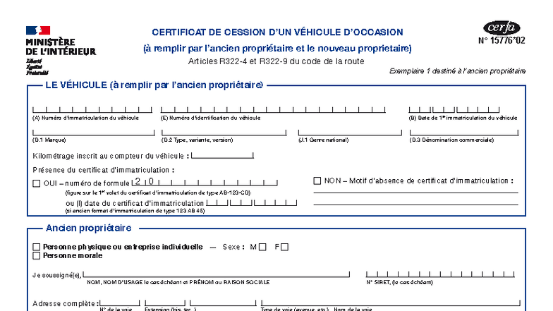 Cerfa 15776-02 - Certificat de Cession de Véhicule - Studocu
