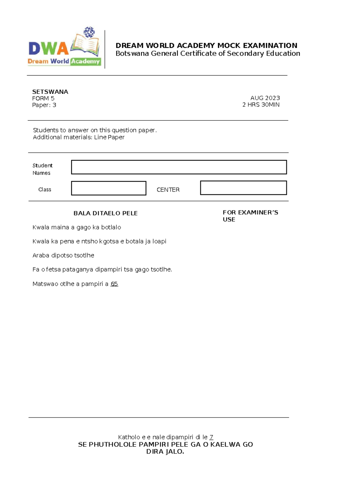 Setswana Form 5 Paper 3 Mock Exam - August 2023 Study Guide - Studocu