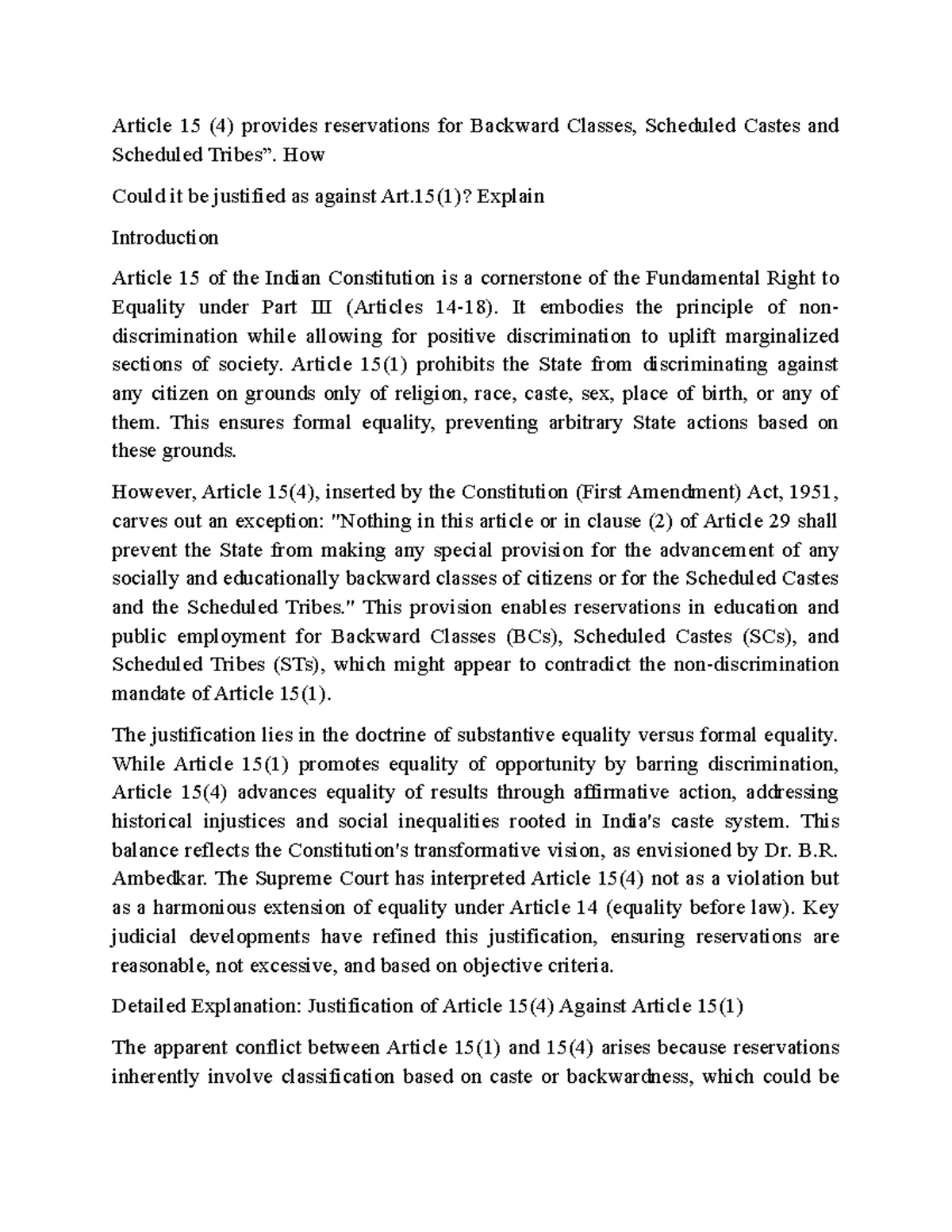 Art 15 - Justification of Reservations for Backward Classes and SCs ...