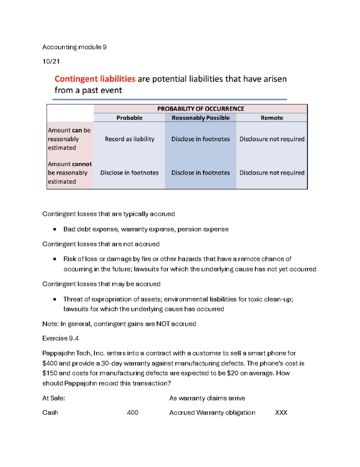 Accounting 9: Contingent Losses & Liabilities Lecture Notes - Studocu