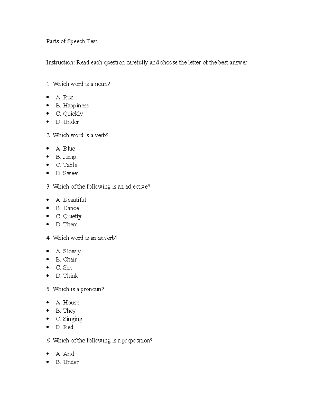Parts of Speech Test (20 Items) - Instructions & Answer Key - Studocu