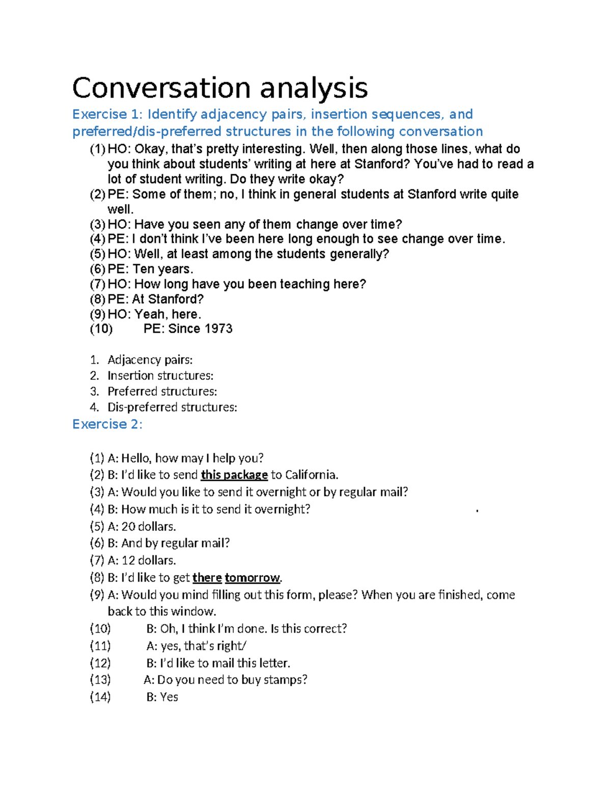 CA Exercise - Ling: Analyzing Adjacency Pairs & Structures - Studocu