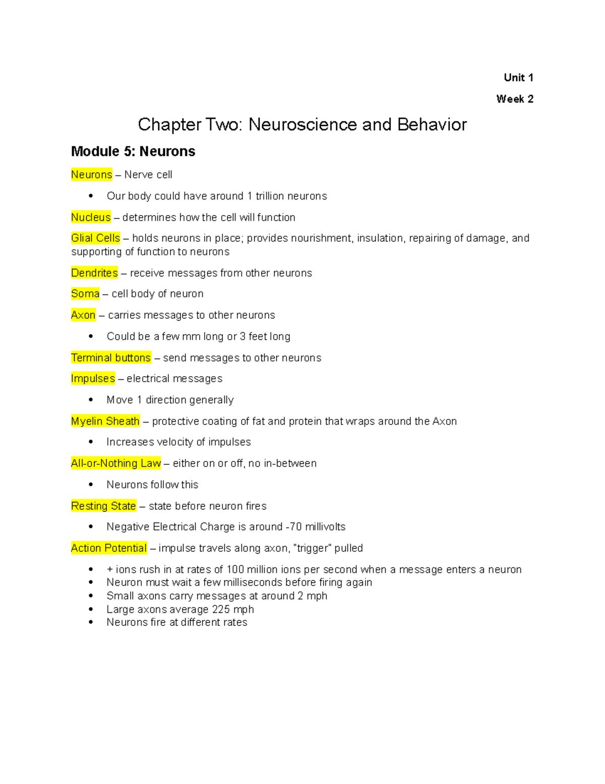 Chapter 2 Notes - Neuroscience and Behavior - Unit 1 Week 2 Chapter Two ...