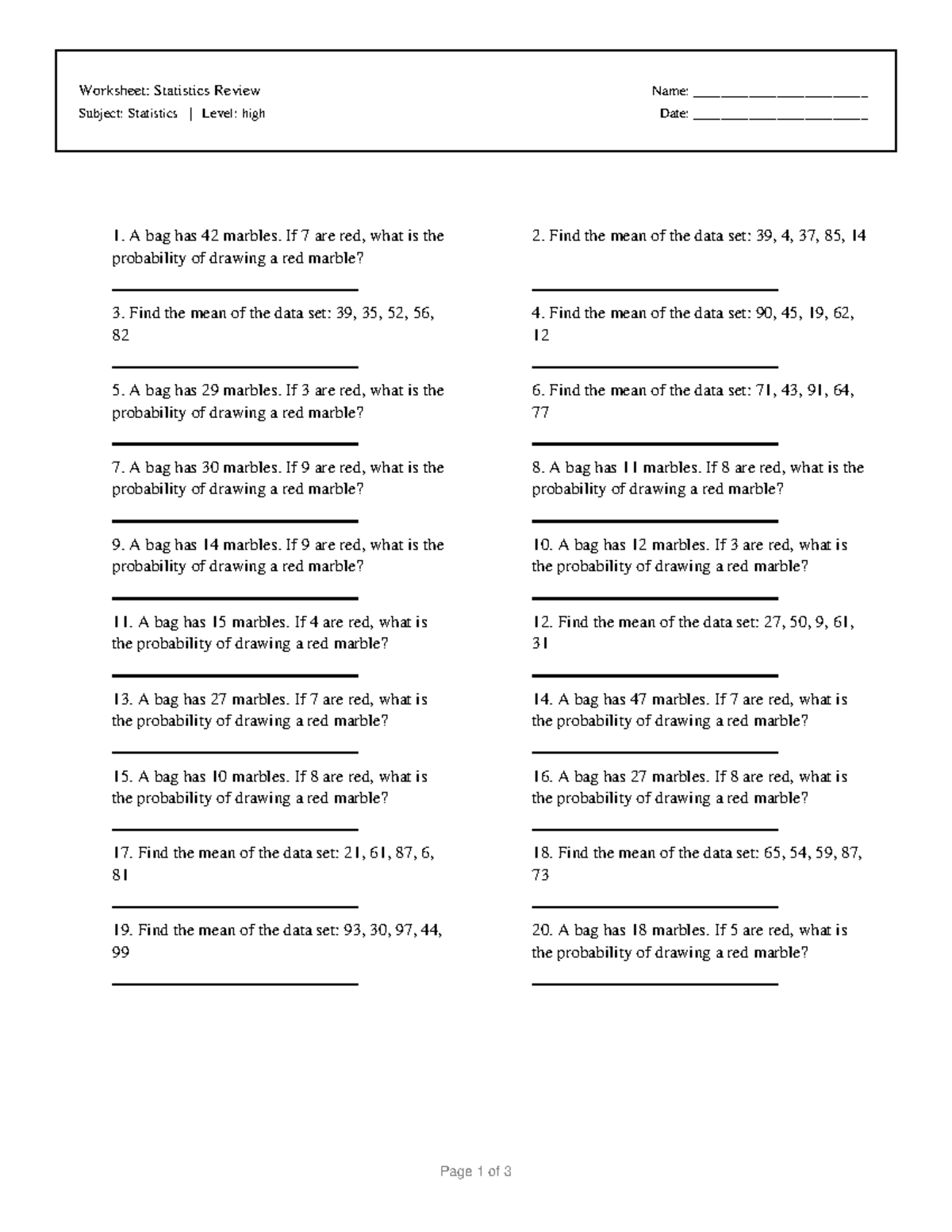 Worksheet Probability Review