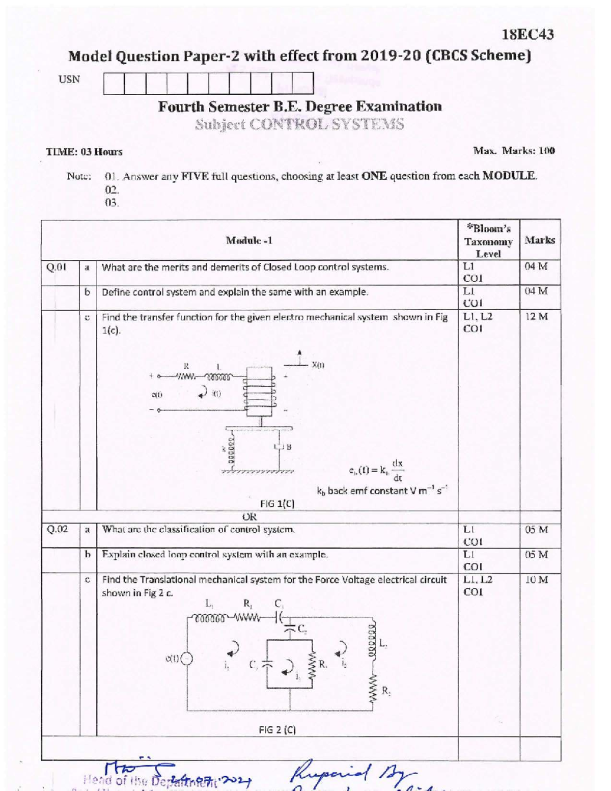 BEC403 Control Systems Model Question Paper - 4th Sem B.E. - Studocu