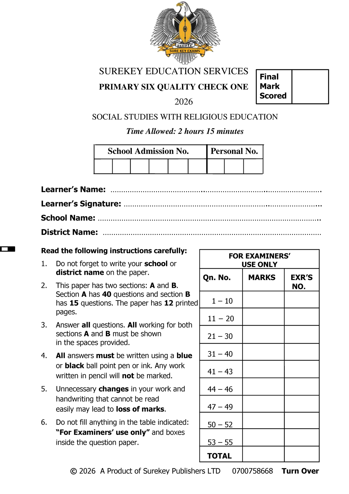 P.6 2026 Final Exam: Social Studies & Religious Education - Studocu