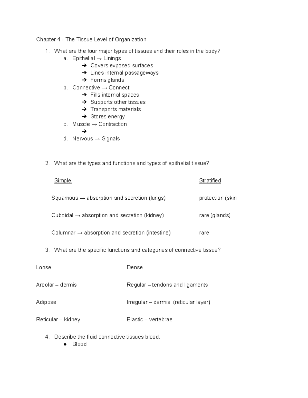 BIOL 201 Chapter 4 Review: Major Tissue Types & Functions - Studocu