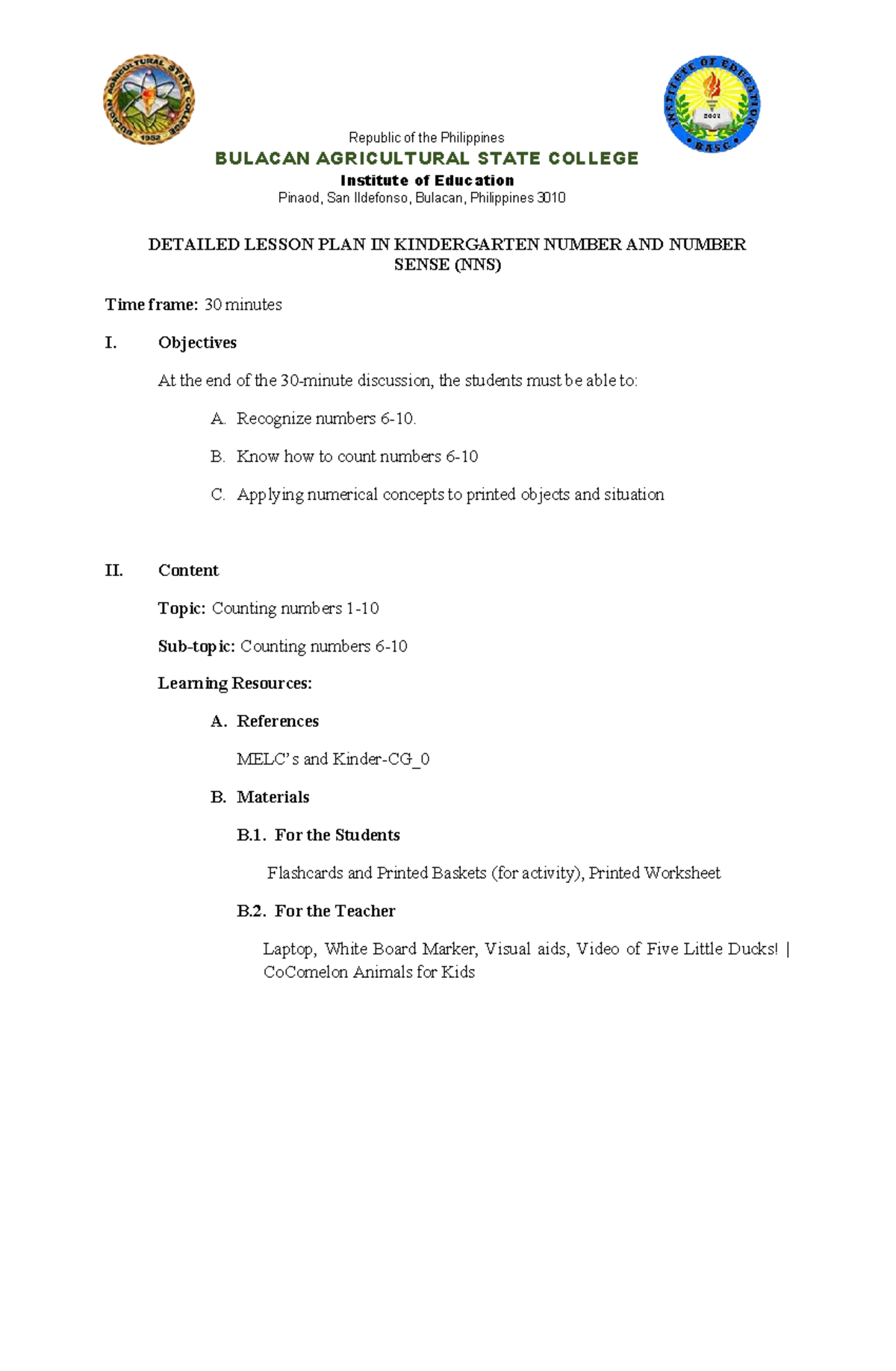Detailed Lesson Plan in Kindergarten: Number and Number Sense (NNS ...