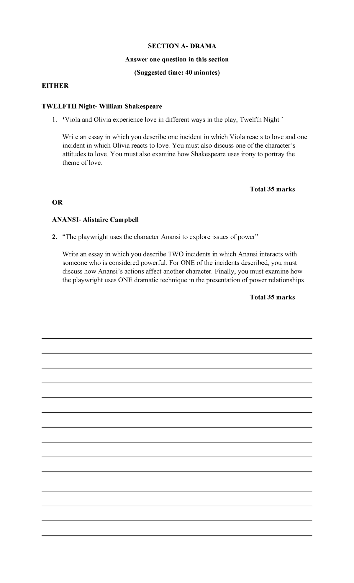 CSEC English B: Sample Paper 2 Drama & Prose Questions - Studocu