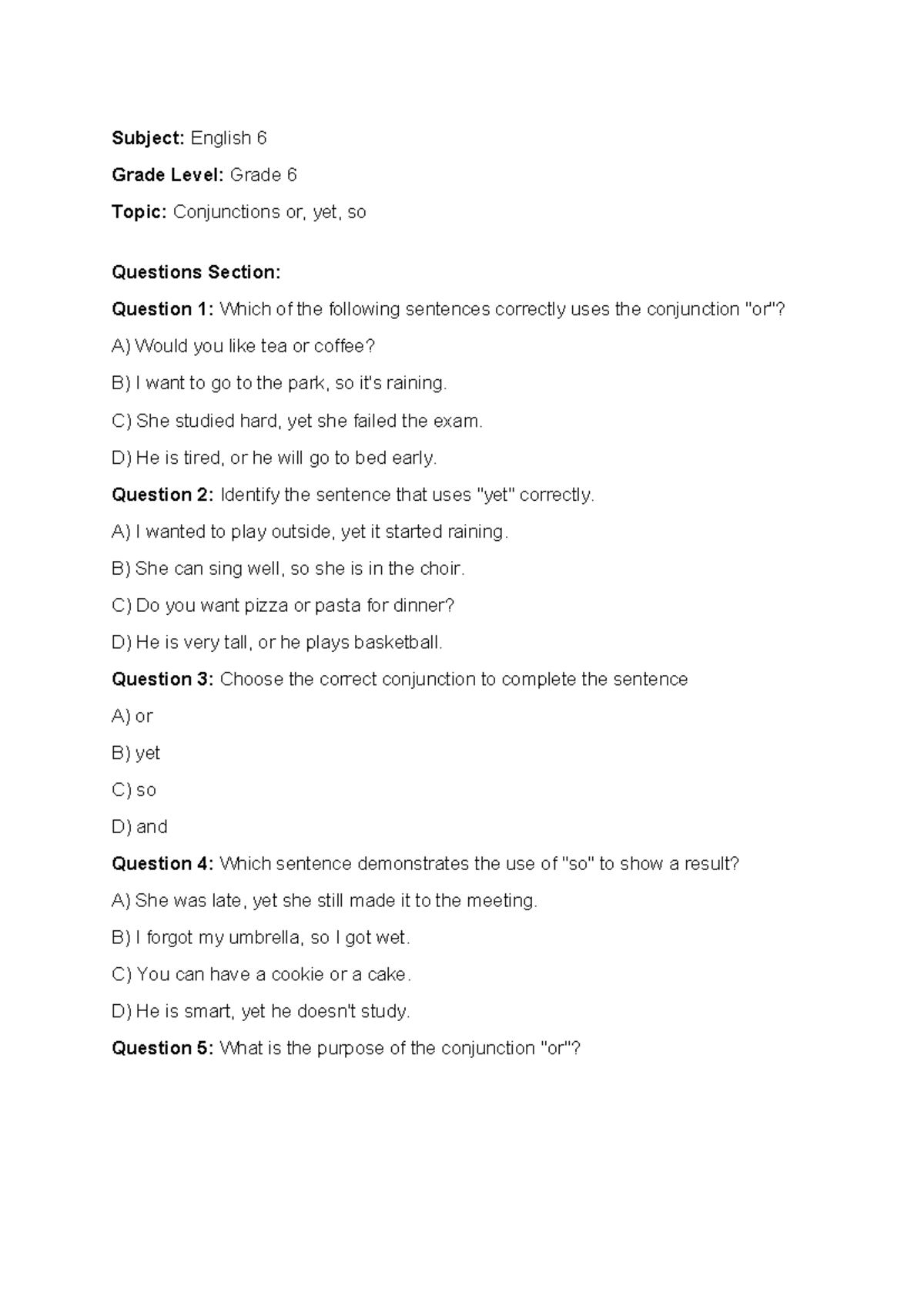 Quiz English 6 - Subject: English 6 Grade Level: Grade 6 Topic ...