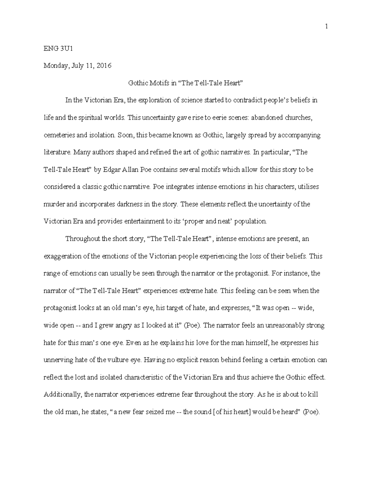 Gothic Essay - Grade: A - ENG 3U Monday, July 11, 2016 Gothic Motifs in ...