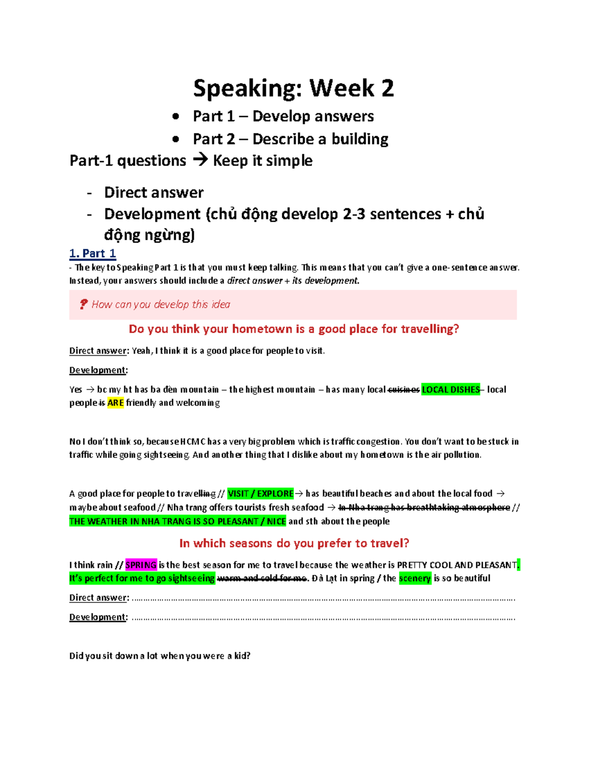 SPK 04 OFF A: Week 2 Lesson 2 Speaking Development Notes - Studocu