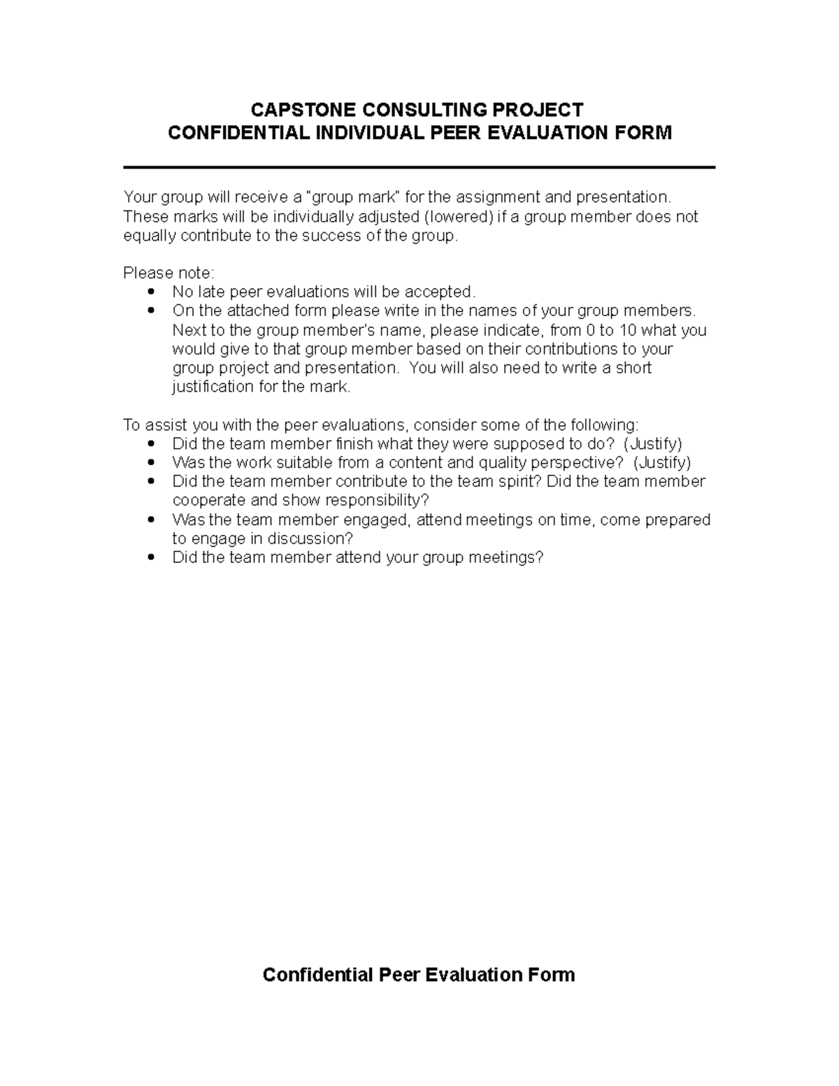 HRM8370 - Capstone Project Peer Evaluation Guidelines and Form - Studocu