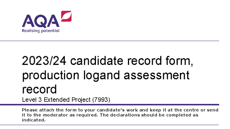 Candidate Record Form & Production Log for Level 3 Extended Project (7993) - Studocu