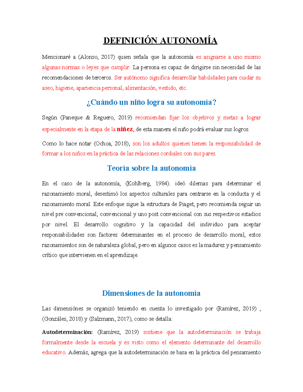 Definición de Autonomía y Autoestima en el Desarrollo Infantil - Studocu