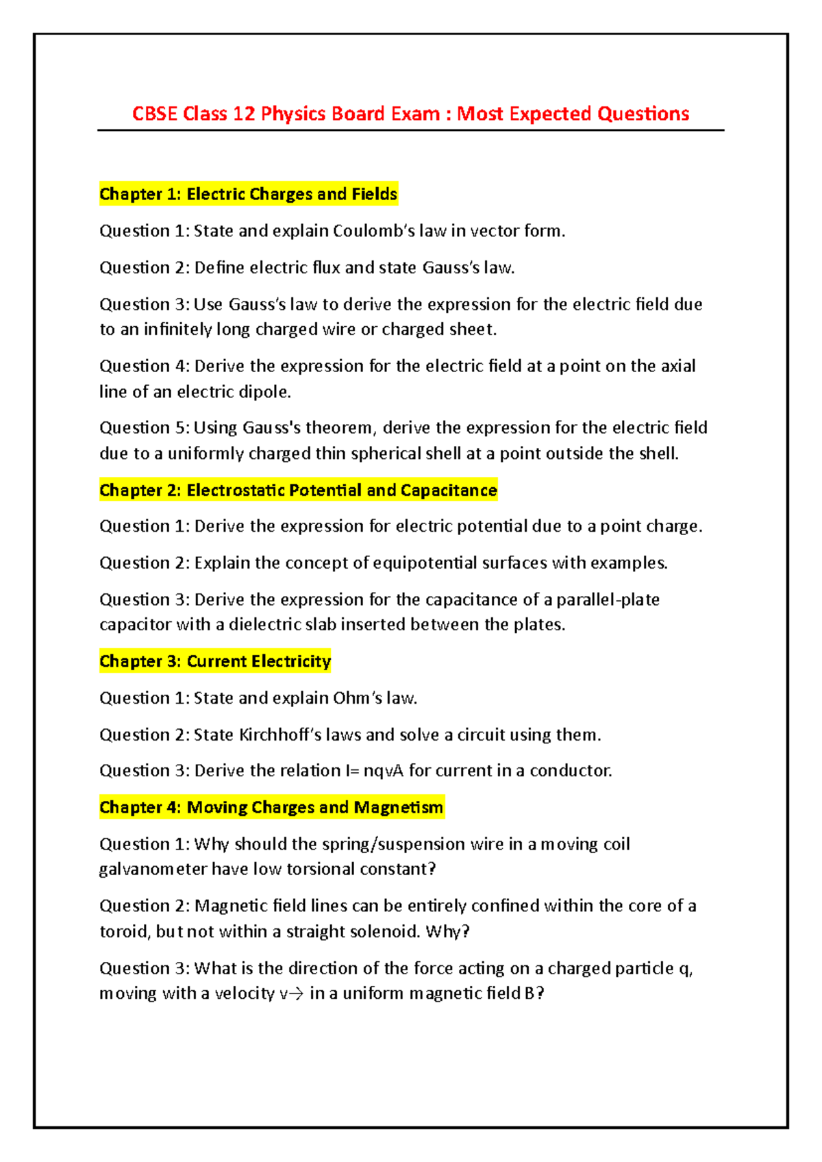 CBSE 12th Physics 2025: Most Expected Board Exam Questions - Studocu