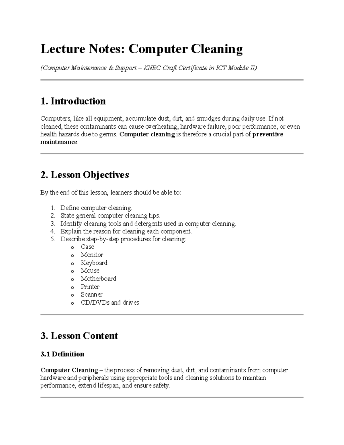 Lecture Notes: Computer Cleaning (KNEC ICT Module II) - Studocu