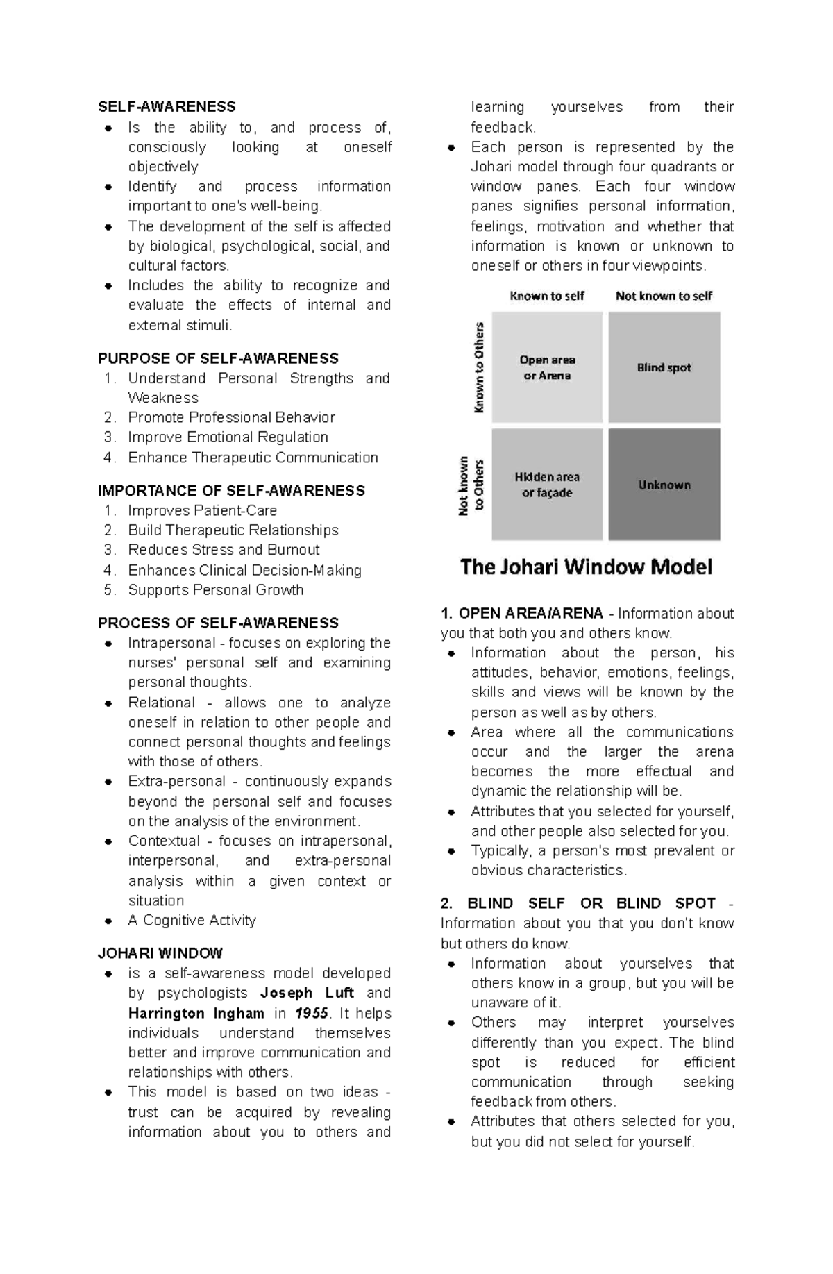 SELF-Awareness and the Johari Window Model: Understanding Self and ...