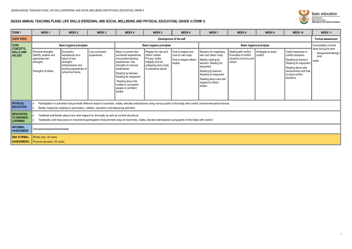 ATP 2023-24 Grade 4 Life Skills Annual Teaching Plans - Studocu
