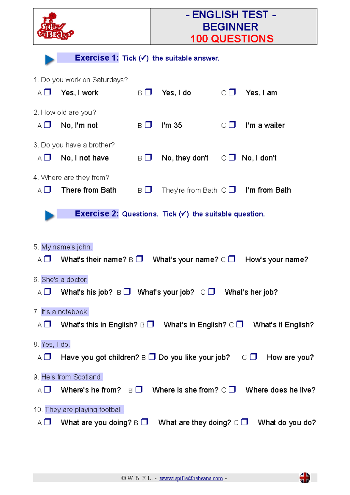 Exercises Tests Beginner 1 - BEGINNER 100 QUESTIONS Exercise 1: Tick ...
