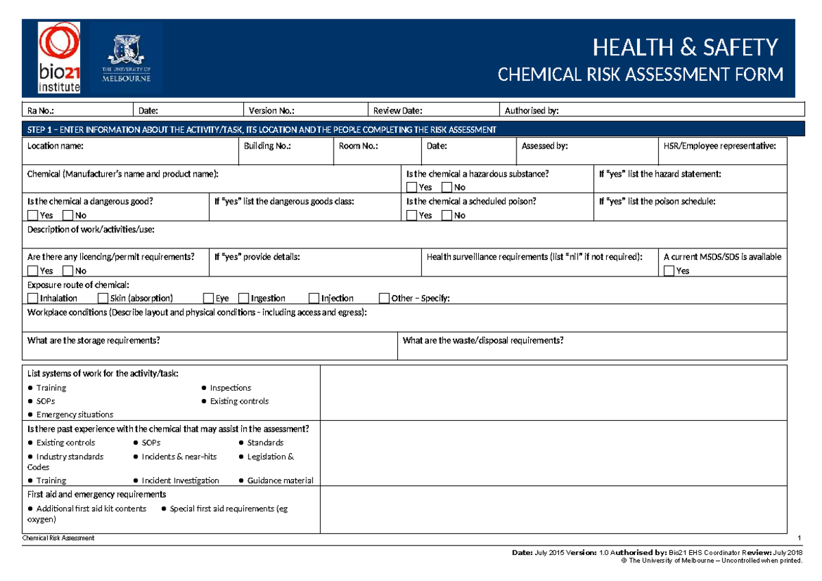 Chemical Risk Assessment Template - Health & Safety Guidelines - Studocu