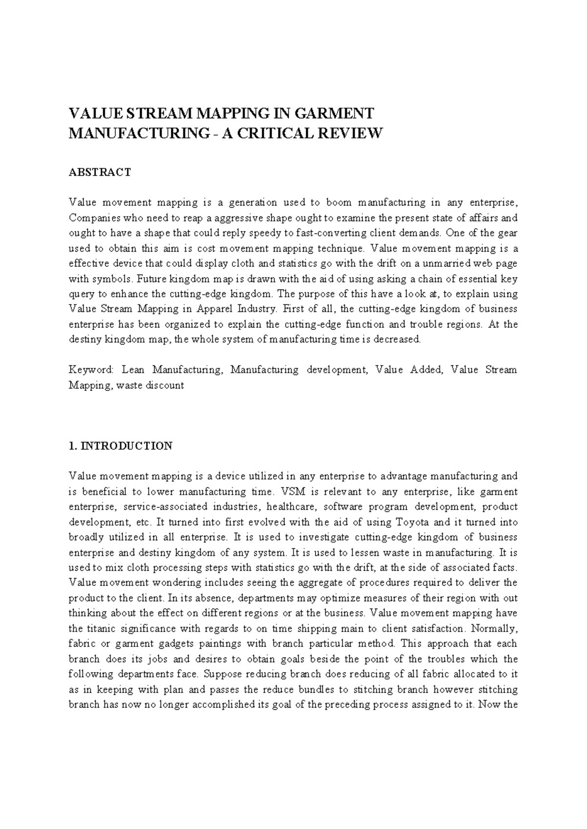 Value Stream Mapping IN Garment Manufacturing A Critical Review in ...