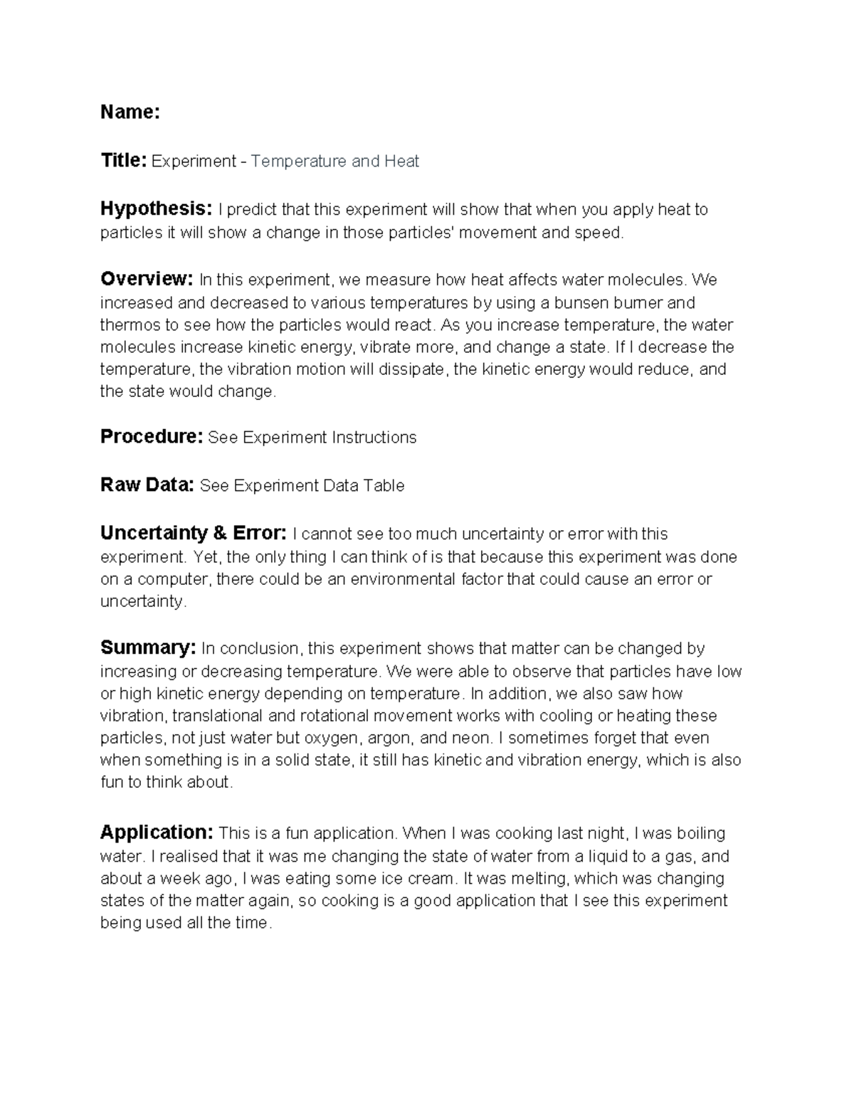 Module 5 - Experiment - Temperature and Heat - Name: Title: Experiment - Temperature and Heat ...
