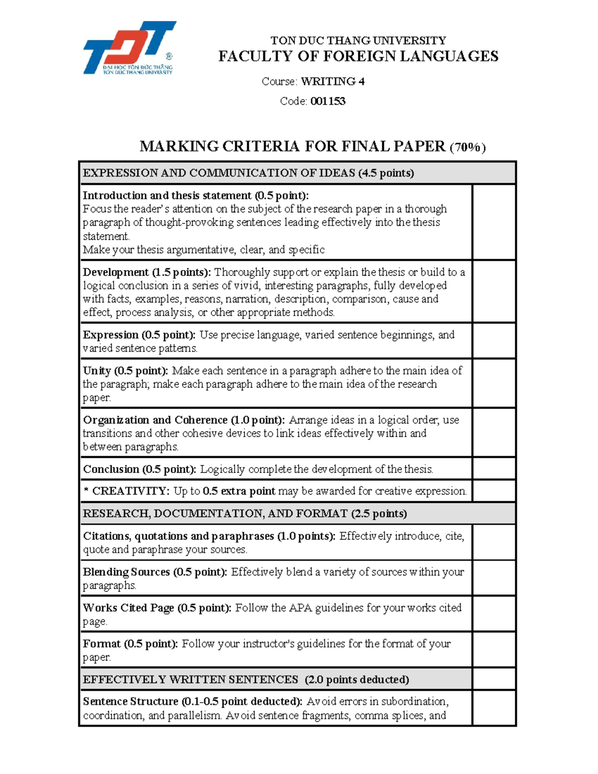 M10B - Marking Criteria for Final Paper in Writing 4 - Studocu