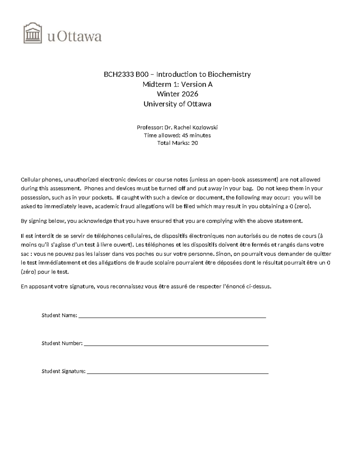 Midterm 1 BCH2133: Introduction to Biochemistry Winter 2026 - Studocu