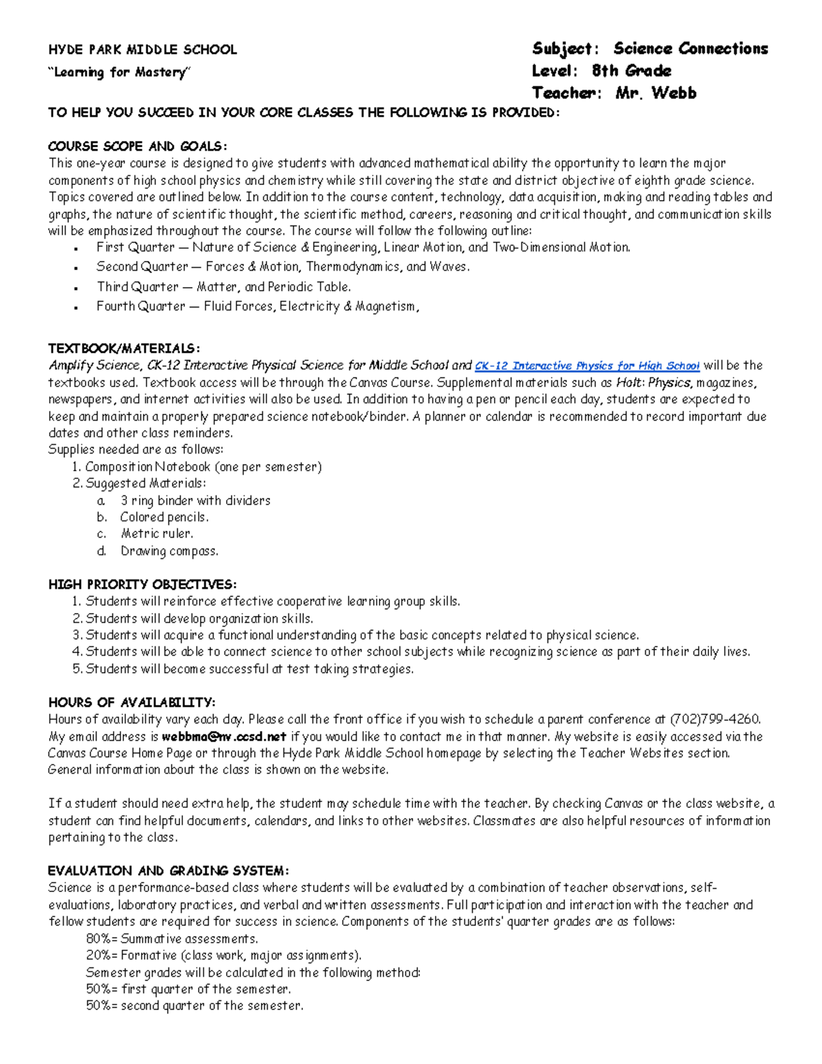 8th Conn Syllabus 24-25 - HYDE PARK MIDDLE SCHOOL Subject: Science ...