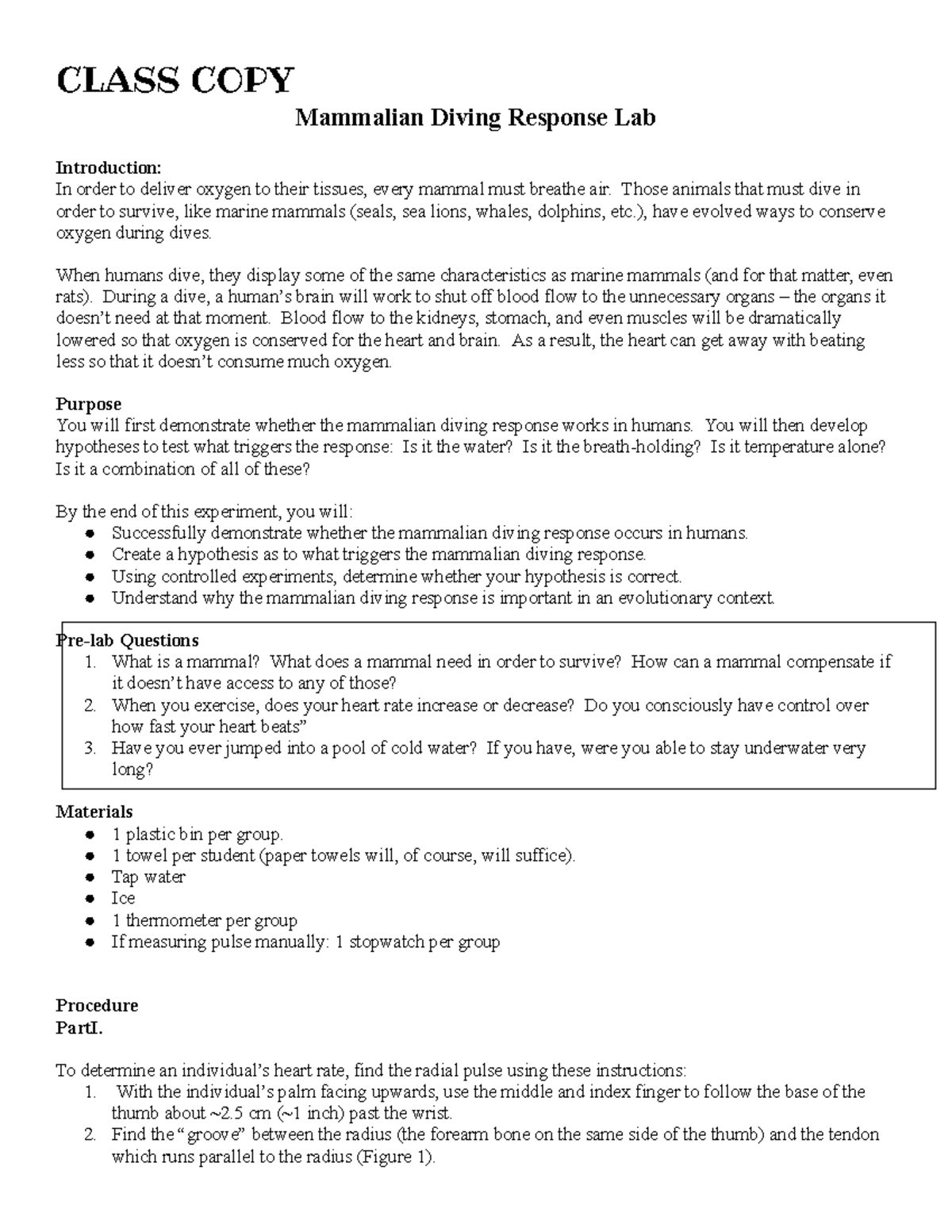 Mammalian diving response lab - CLASS COPY Mammalian Diving Response ...