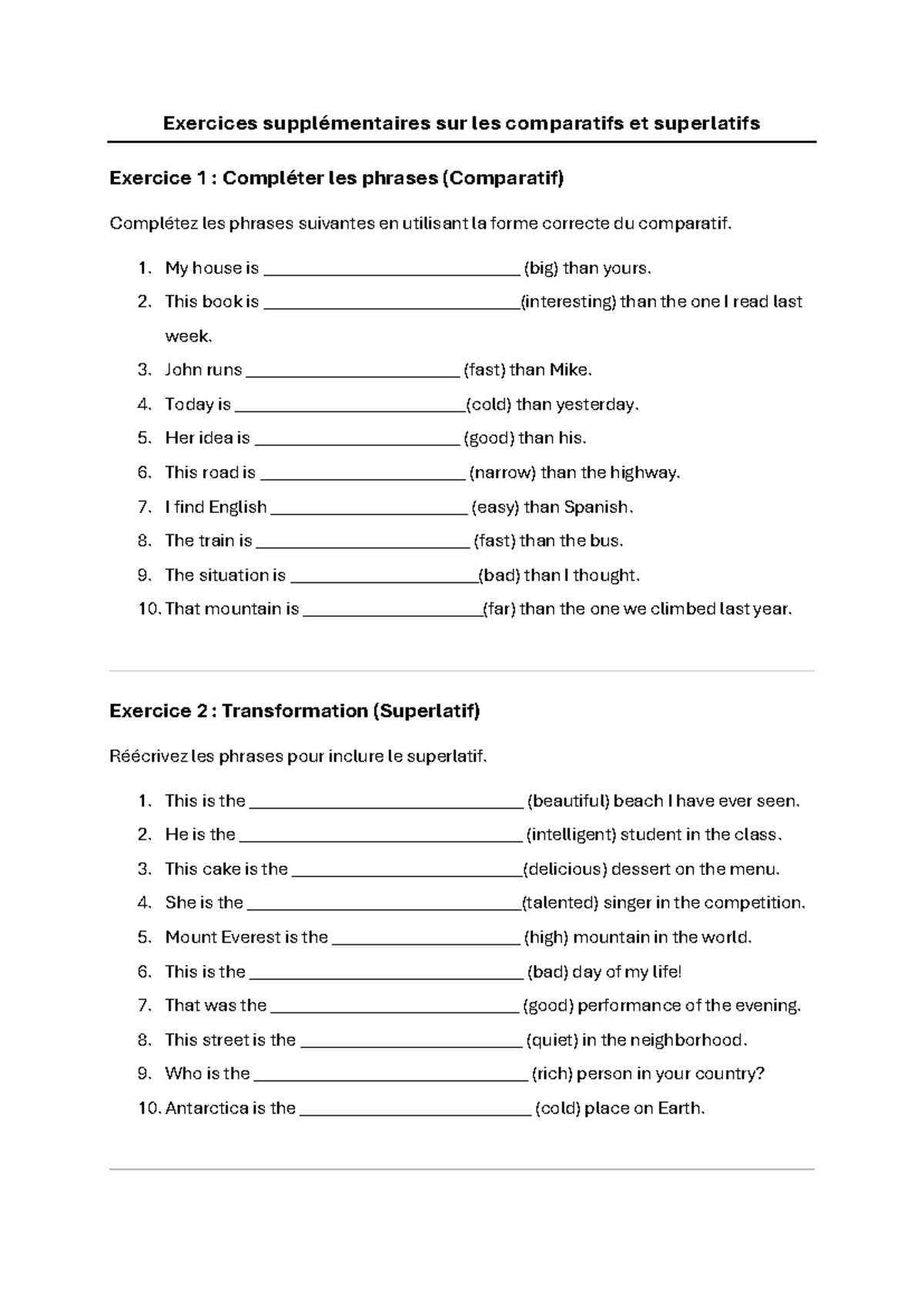Exercices supplémentaires sur les comparatifs et superlatifs - Cours de ...