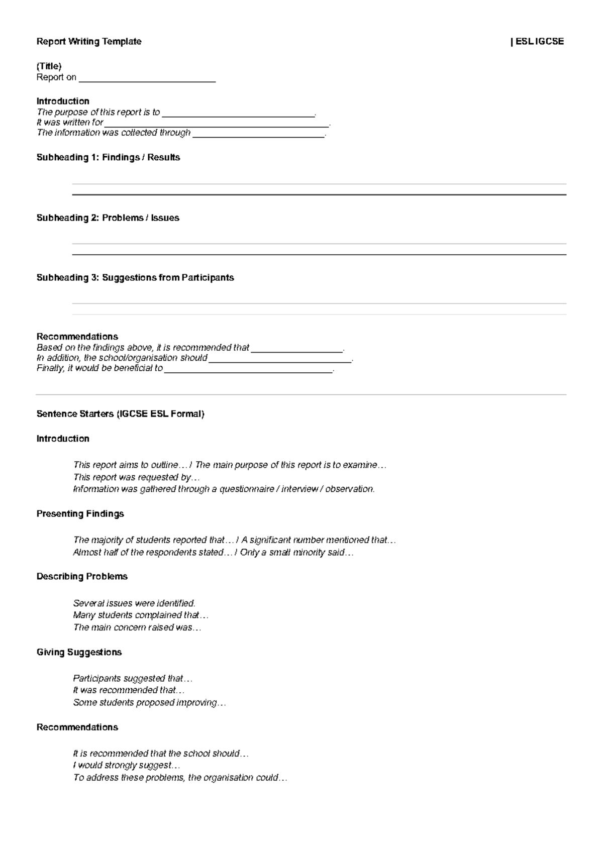 Report Writing Template for IGCSE ESL: Camping Trip Report - Studocu