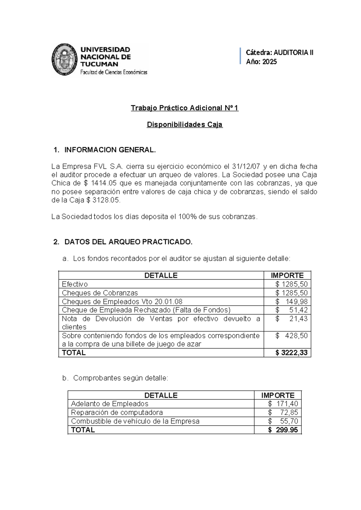AUDITORIA II - Trabajo Práctico Adicional Nº 1: Caja y Arqueo 2025 ...