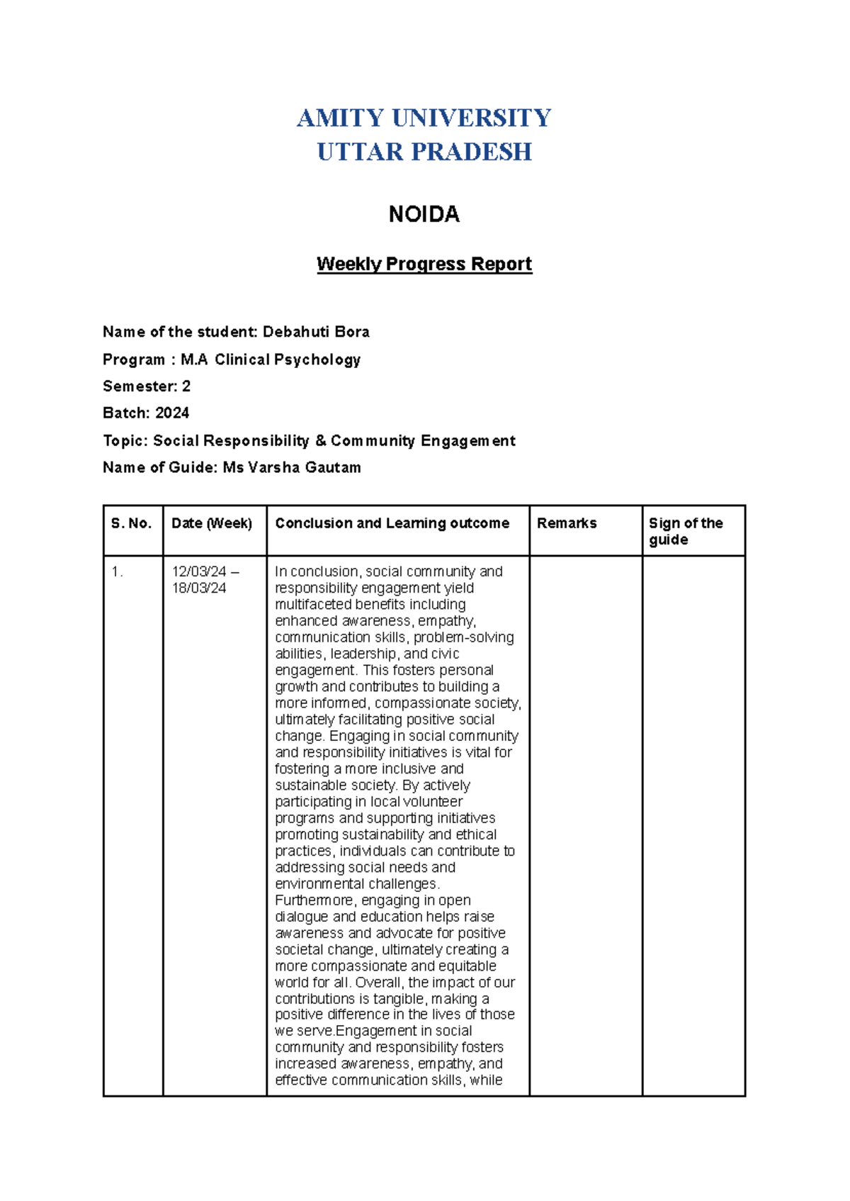 M.A Clinical Psychology (Semester 2) Weekly Progress Report on Social ...