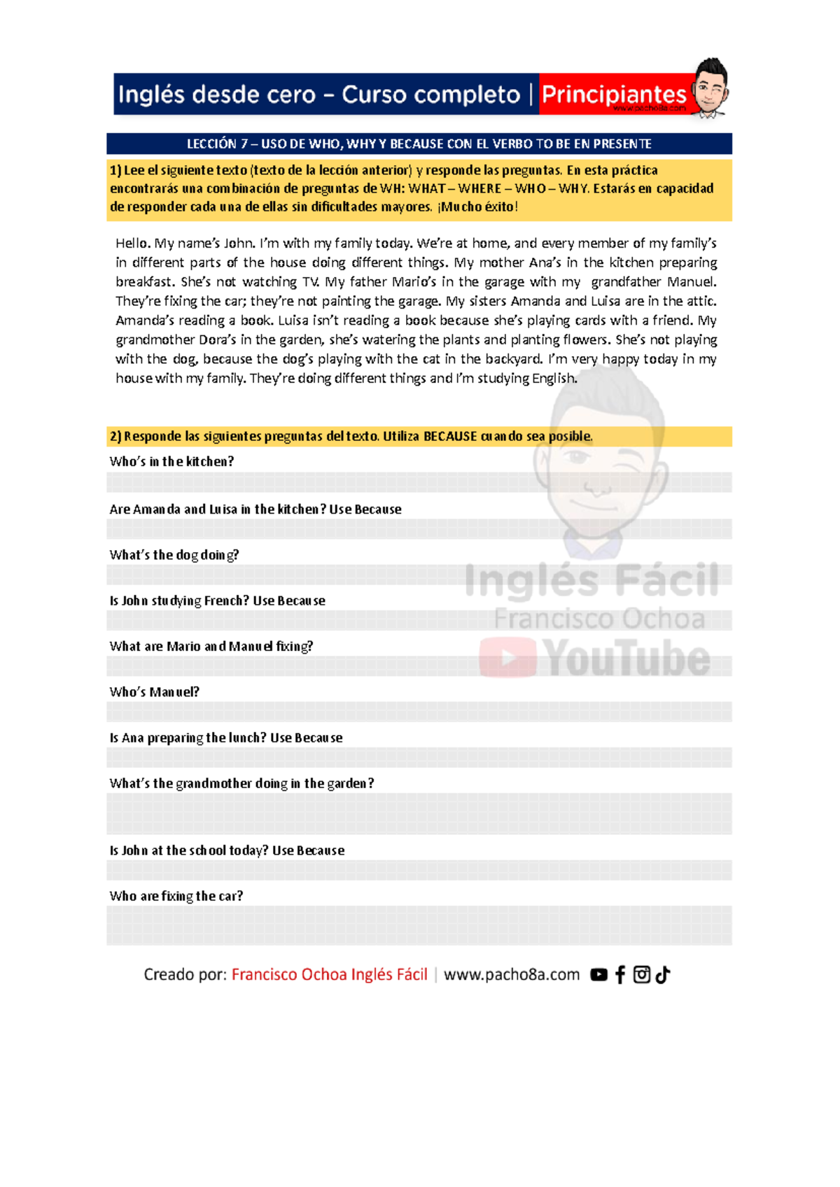 Lección 7 - Uso de WH Questions: WHO, WHY y BECAUSE en Presente - Studocu