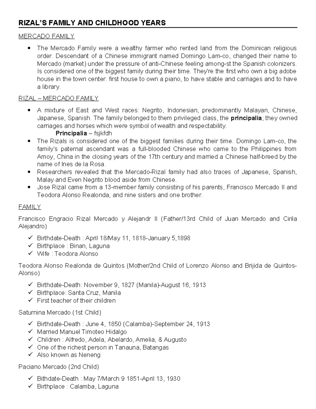 Rizal- Report - RIZAL’S FAMILY AND CHILDHOOD YEARS MERCADO FAMILY The ...