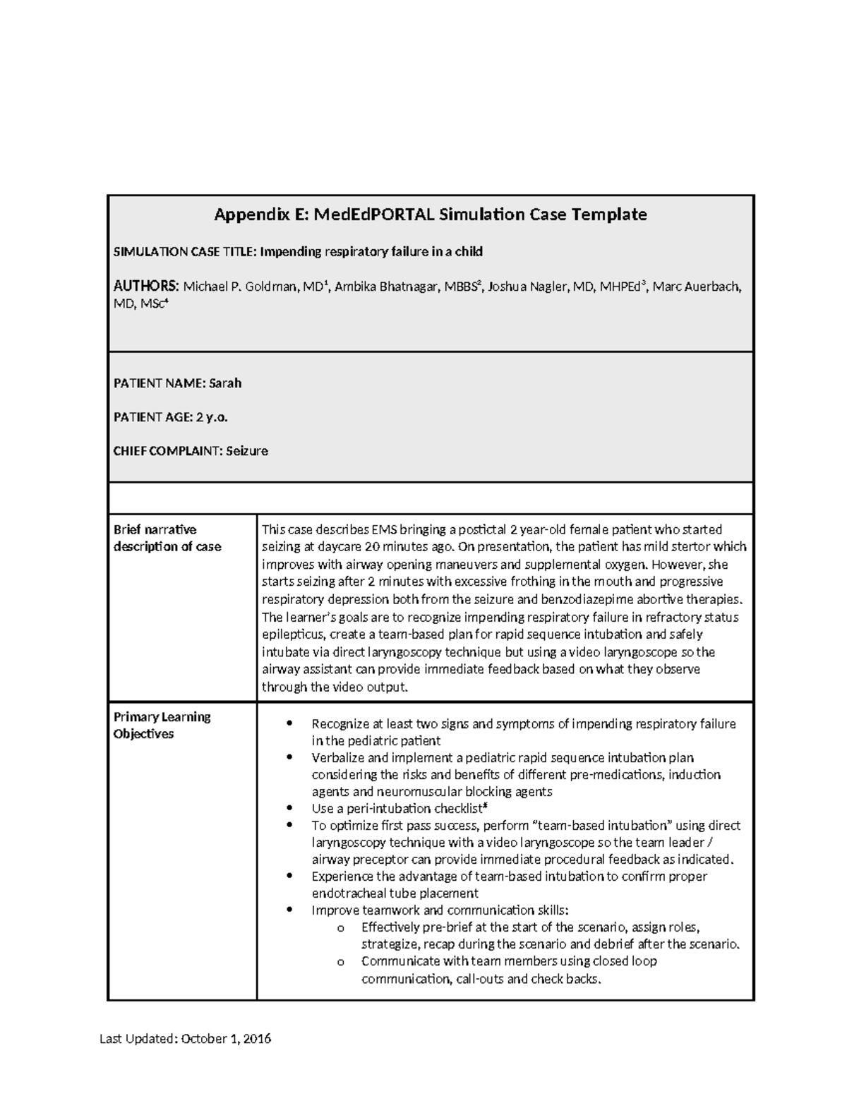 Appendix E: MedEdPORTAL Simulation Case on Pediatric Respiratory ...
