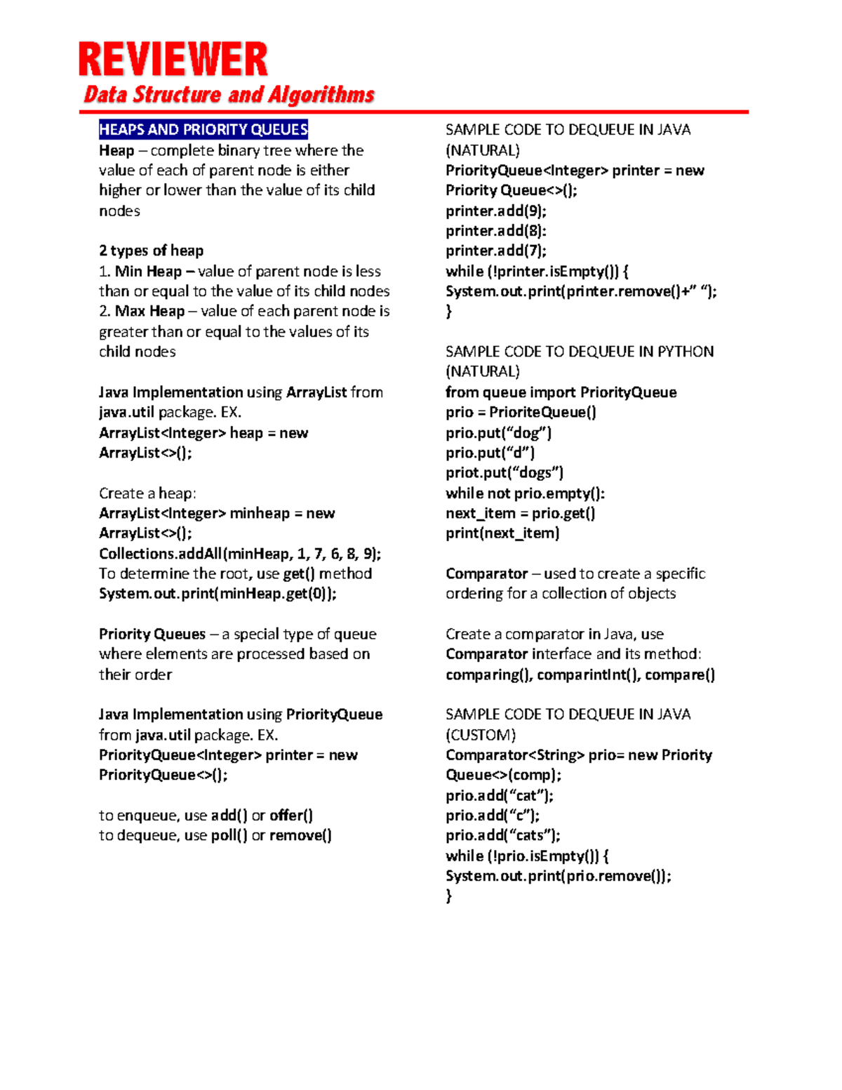 DSA Reviewer - REVIEWER Data Structure and Algorithms HEAPS AND PRIORITY QUEUES Heap – complete ...