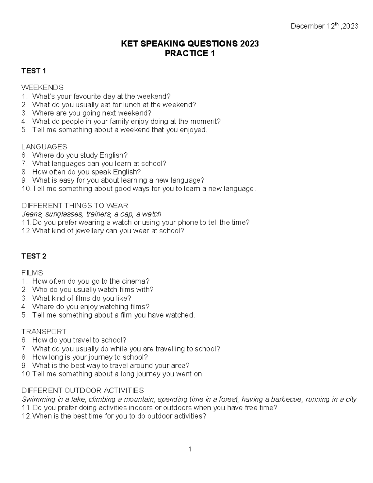 KET Speaking Practice 1: Weekend Activities & Language Skills - Studocu